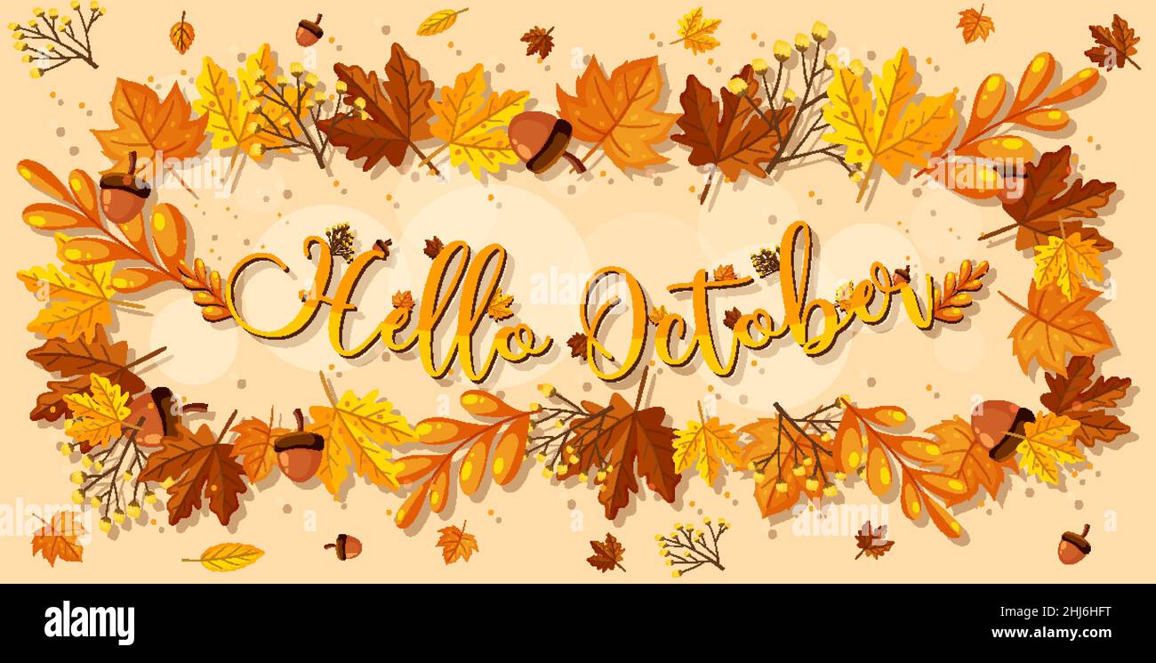 Hello October logo with ornamental autumn leaf illustration Stock ...
