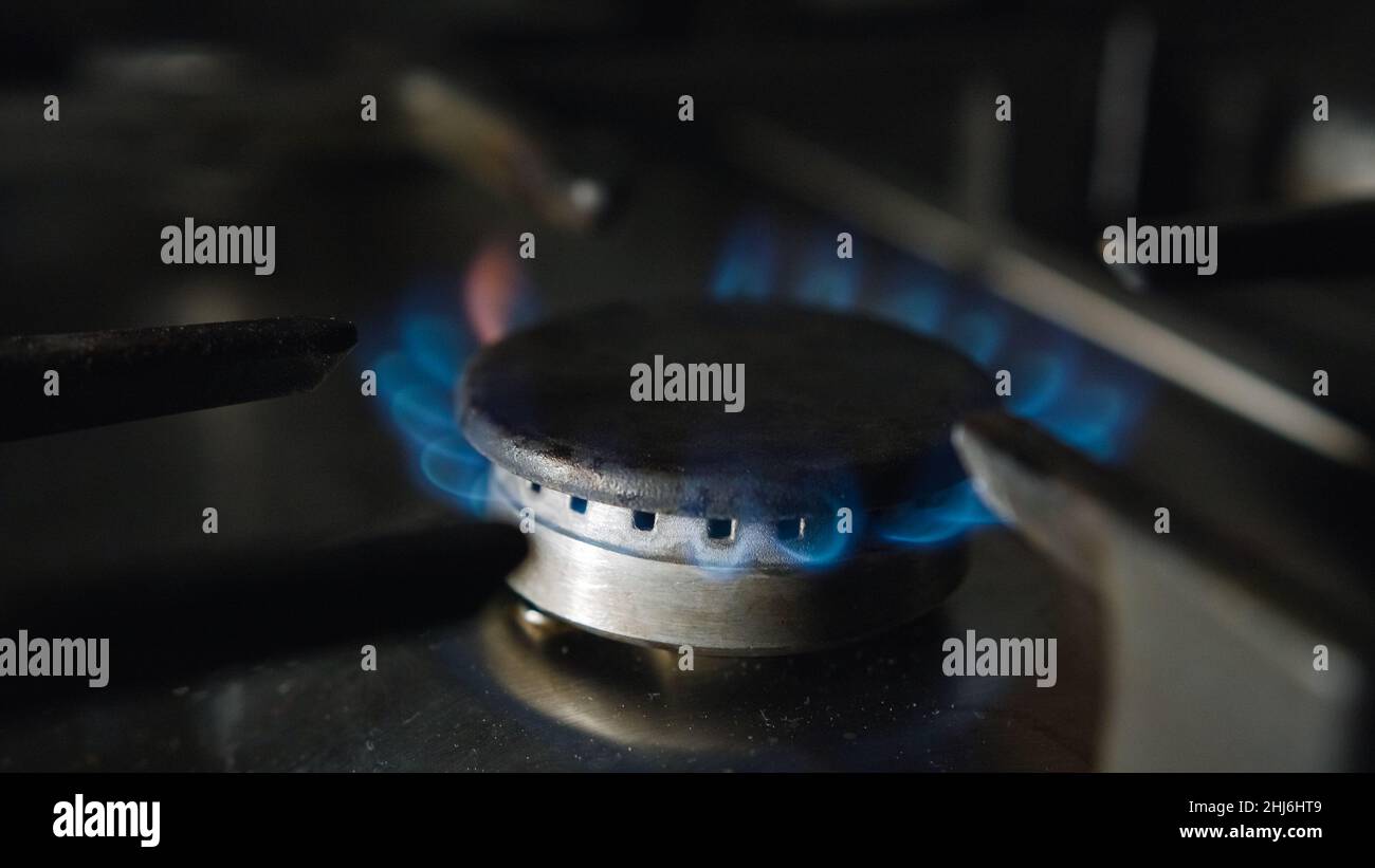 The burner of a gas stove with burning blue flame, bright flame of ...