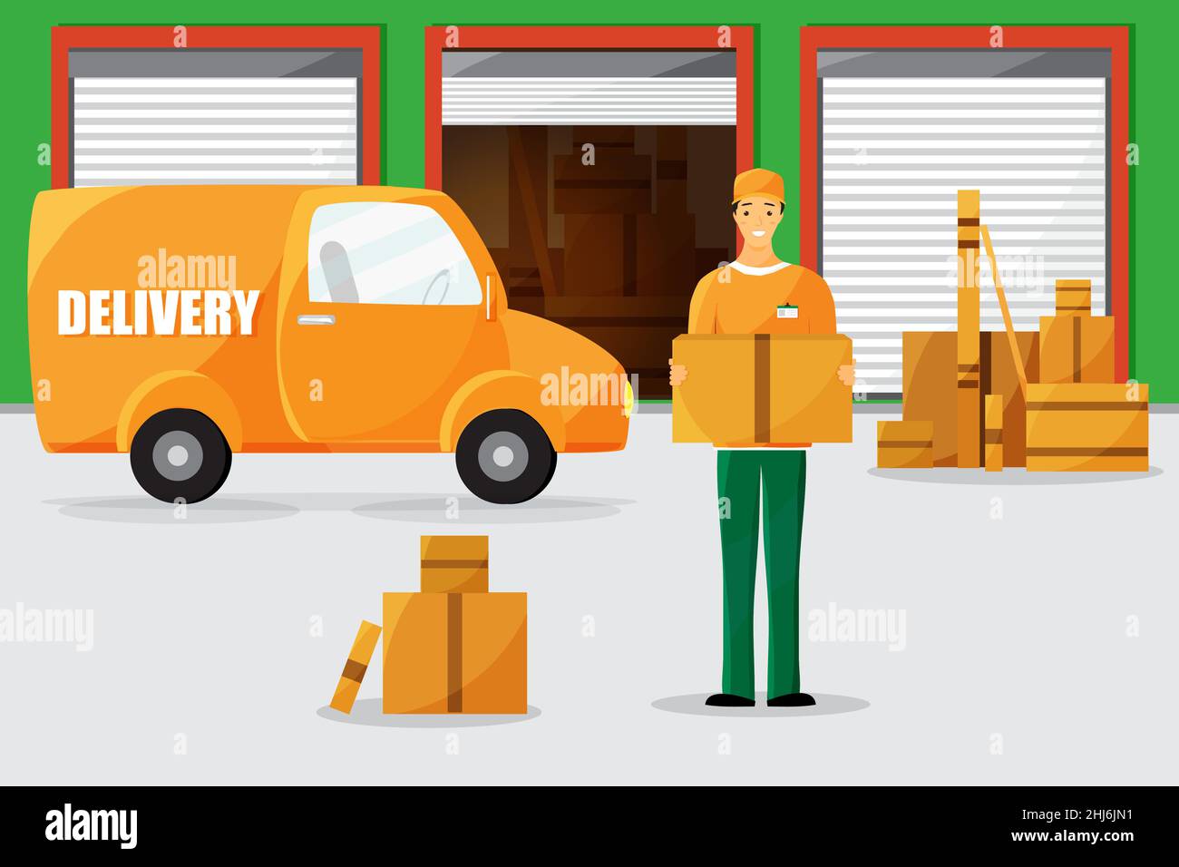 Delivery man in uniform holding a box. Storage area with opened unit ...