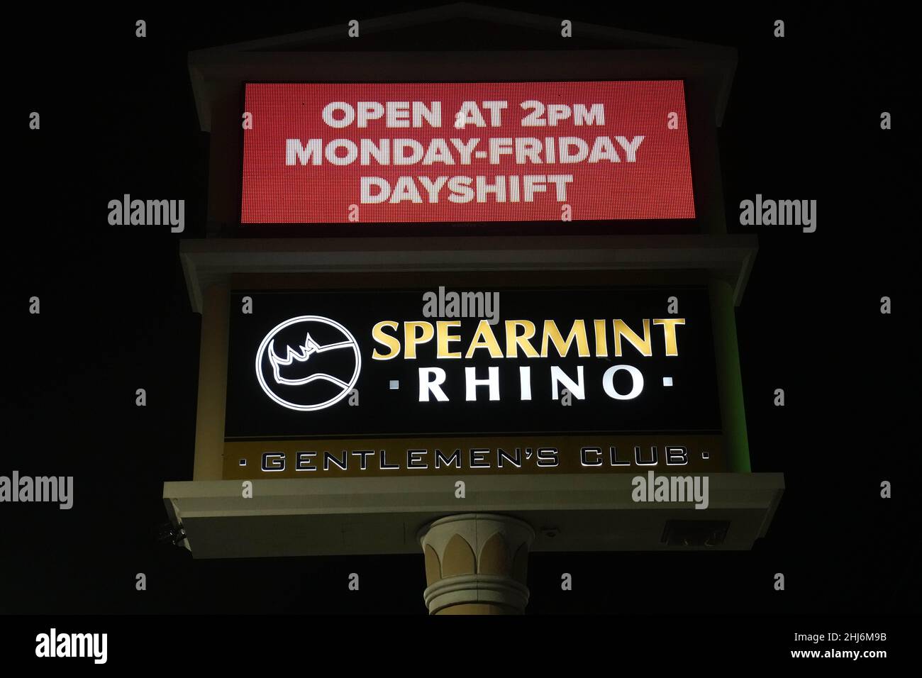 The Spearmint Rhino Gentlemen's strip club marquee sign is seen ...