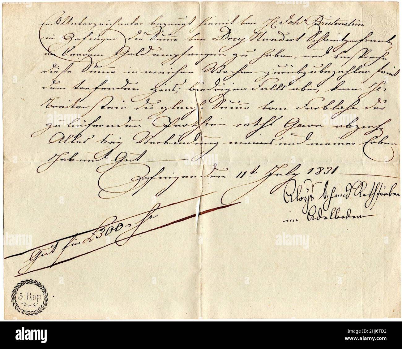 Switzerland Aargau 1831 document with 5 Rap. hand stamp and relief ...