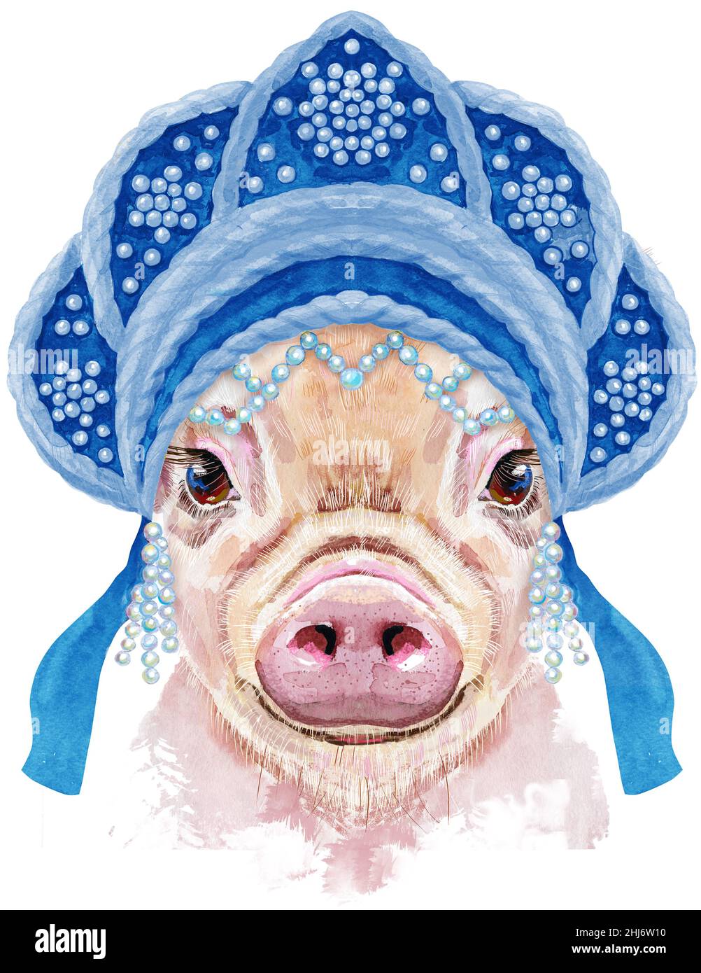 Cute piggy in Russian national headdress kokoshnik. Pig for T-shirt ...