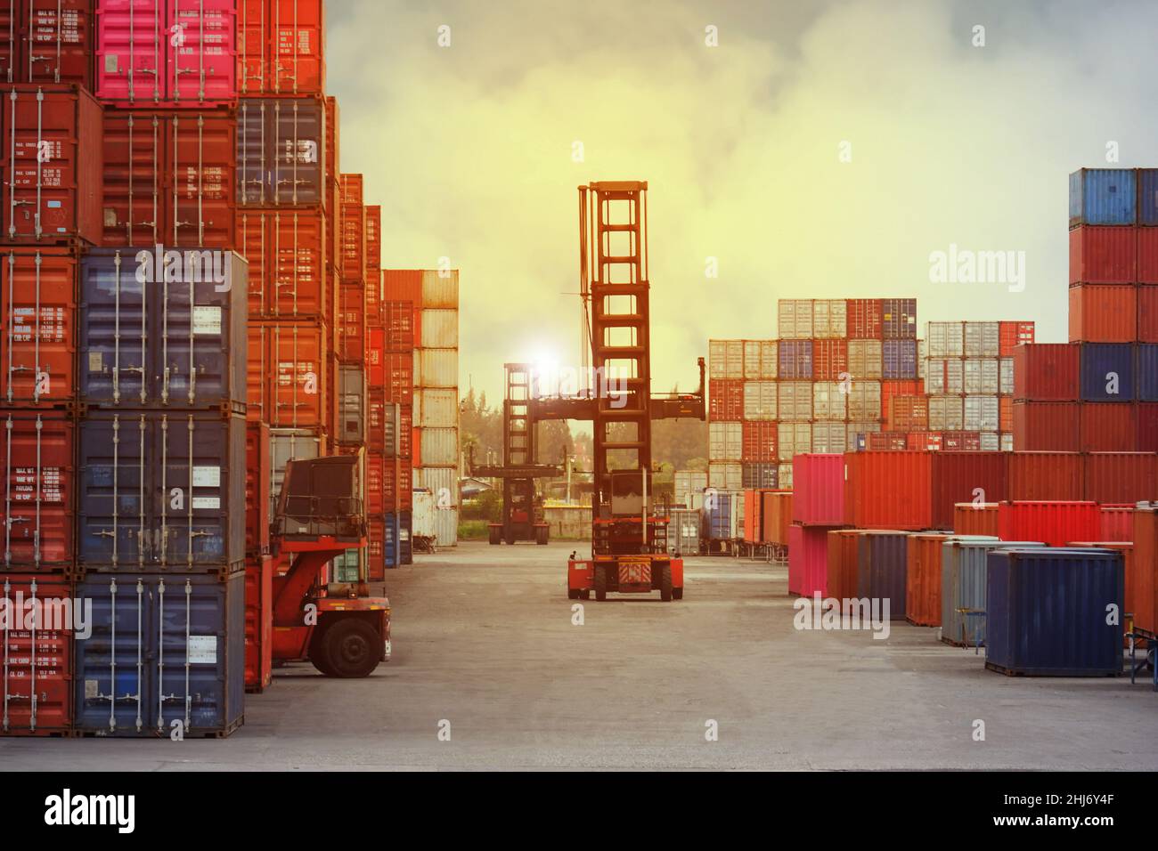 Container forklift stacks in container yard Stock Photo - Alamy