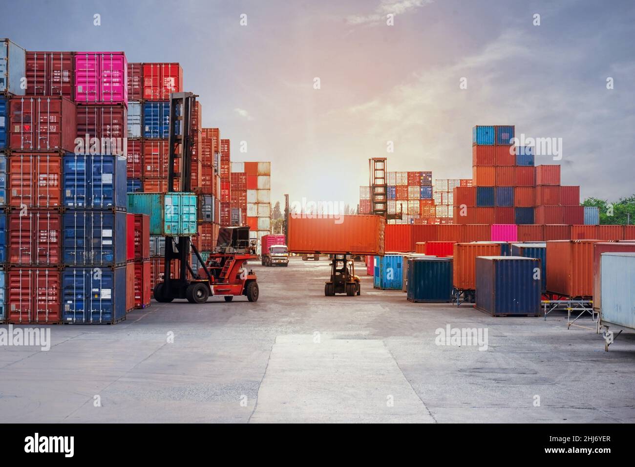 Container forklift in container yard view of transport and industry ...