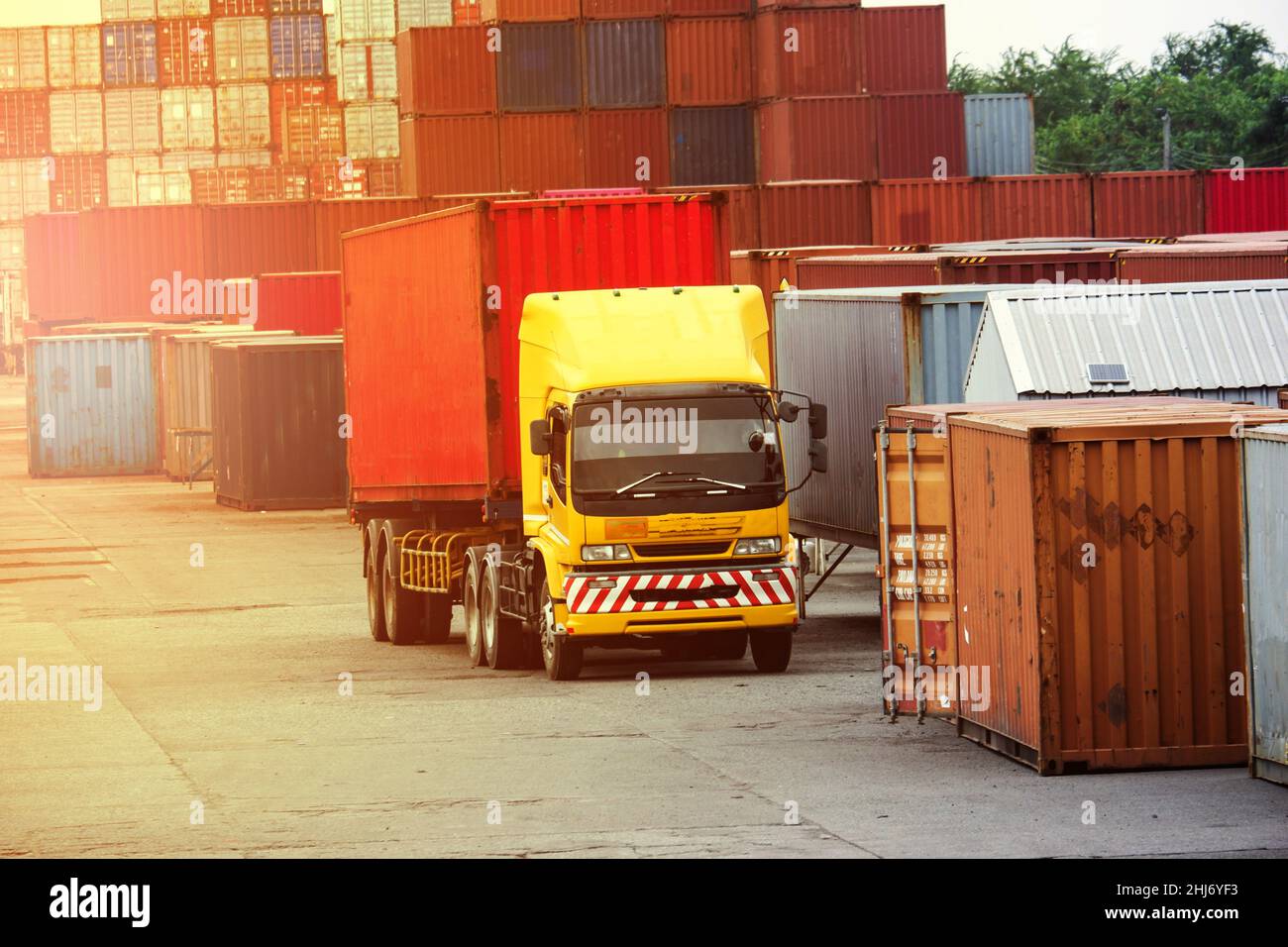 Container truck in container yard Stock Photo - Alamy