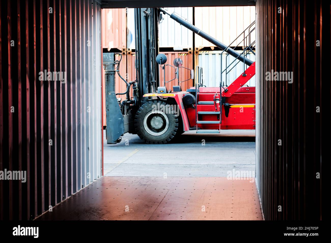 view from inside the container There is a container forklift. Industry ...
