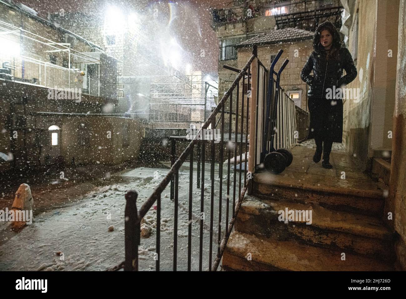 Snow in the Jewish orthodox neighborhood of Mea She'arim. Jerusalem ...