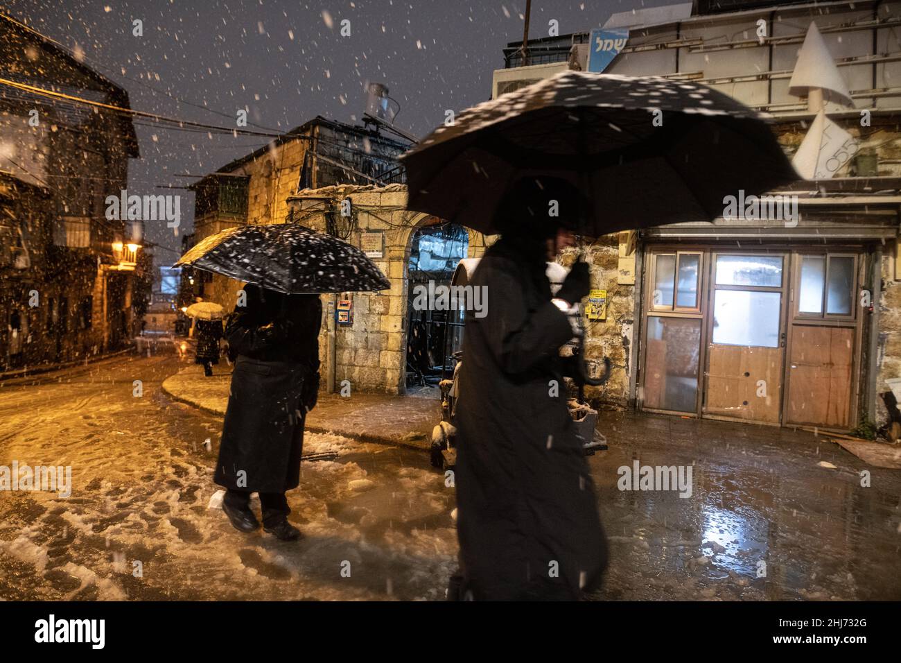 Snow in the Jewish orthodox neighborhood of Mea She'arim. Jerusalem ...