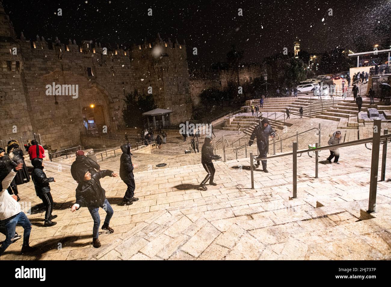 Snow in Damascus Gate. Jerusalem, Israel. Jan 26th 2022. (Photo by ...
