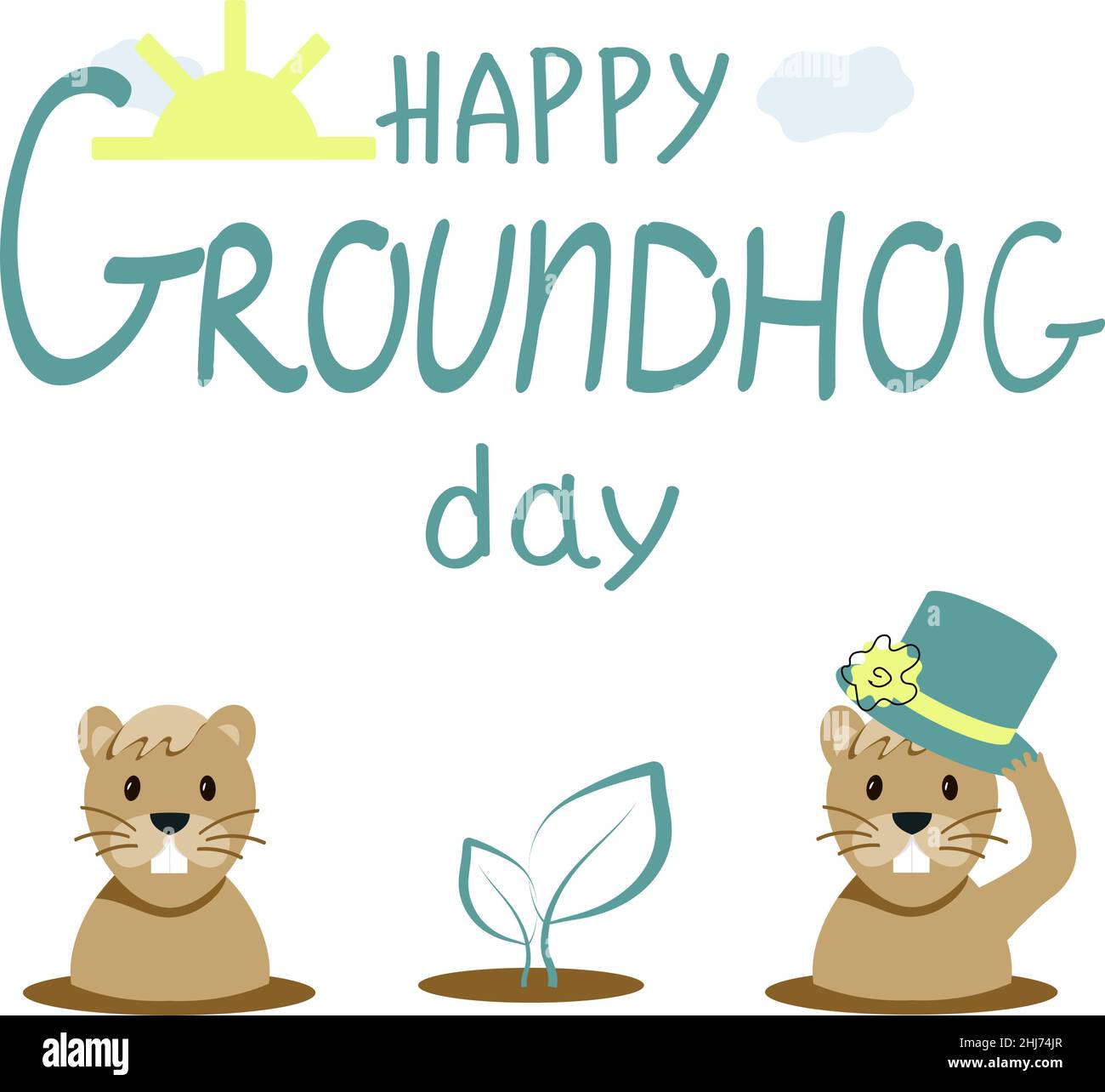 Hand-drawn Happy Groundhog Day inscription. Cute cartoon groundhogs ...
