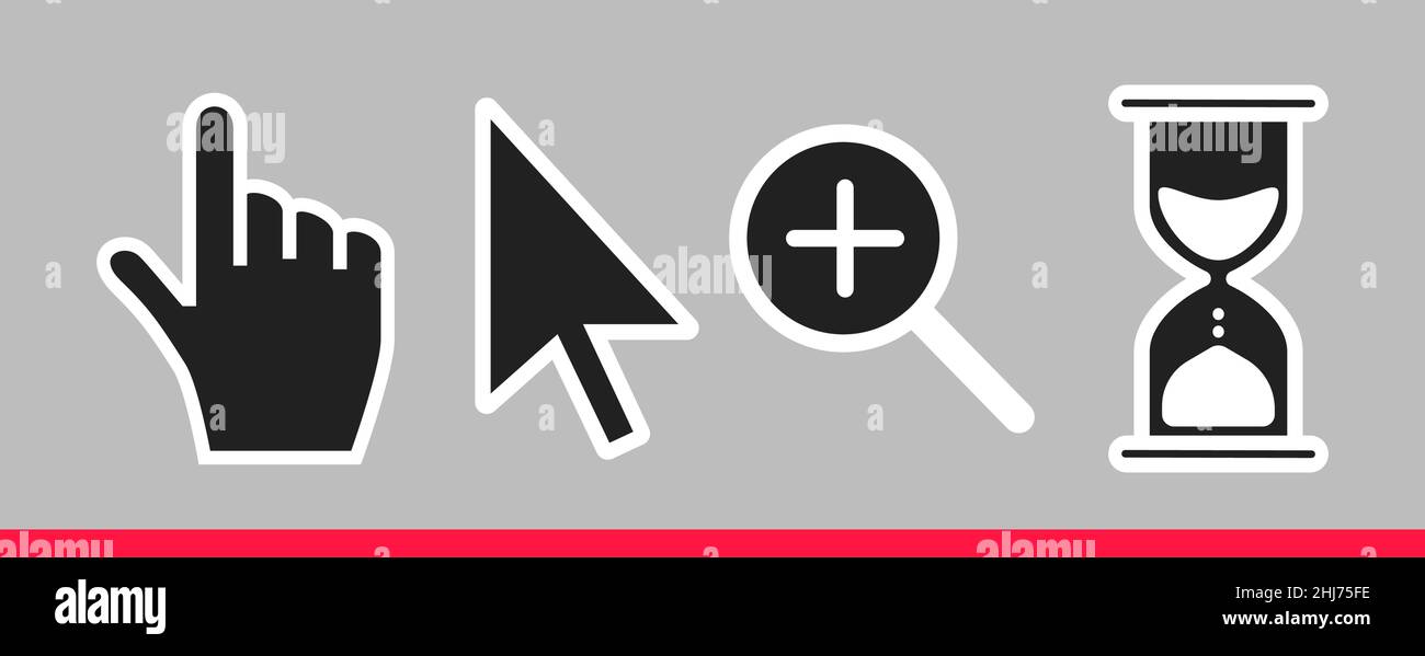 Pointer hand, arrow, hourglass loading clock mouse, magnifier cursors ...