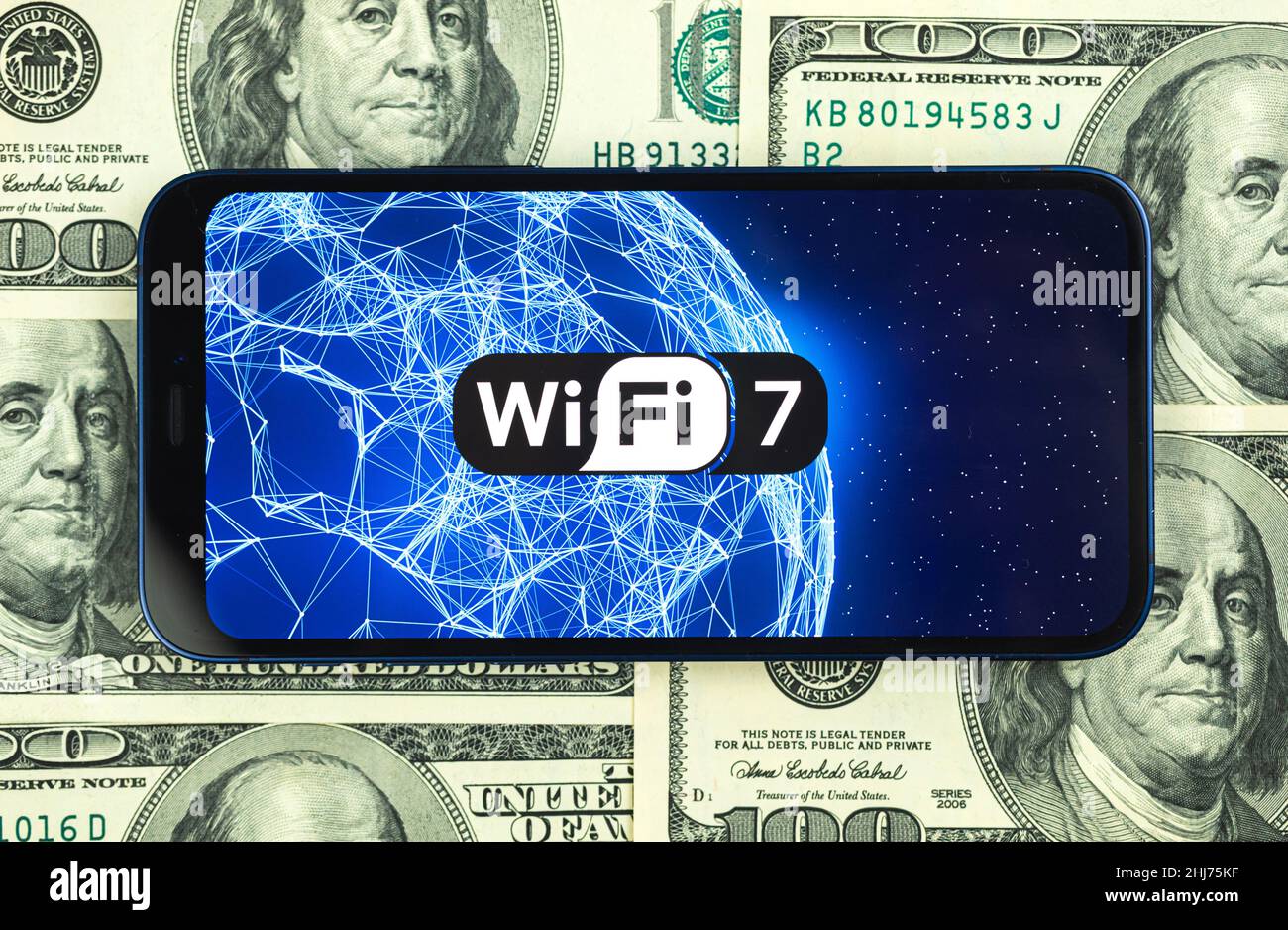 Wi-Fi 7 generation background. Mobile phone supporting Wi-Fi technology ...