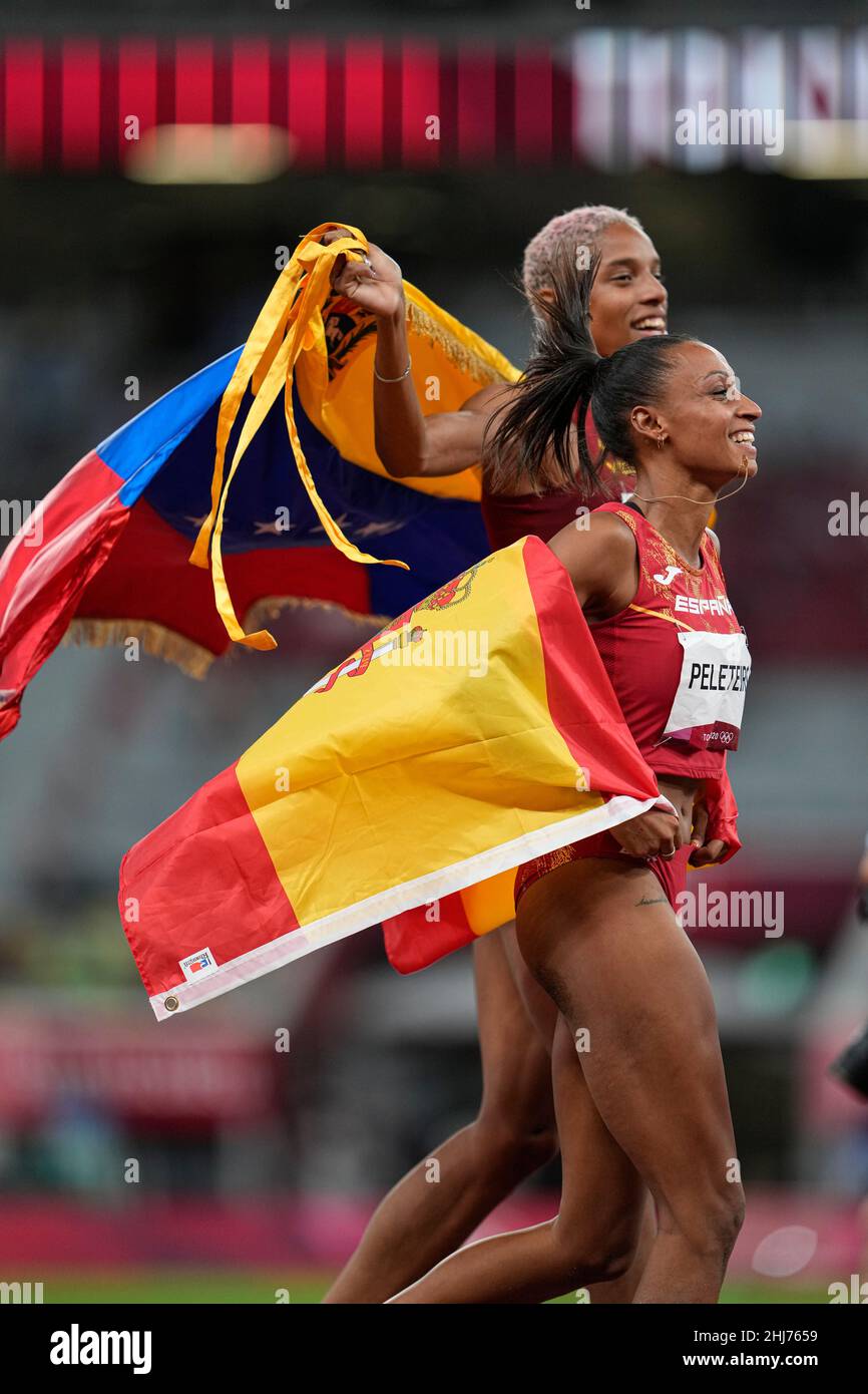 Ana Peleteiro and Yulimar Rojas celebrating her medal at the Tokyo 2020 ...