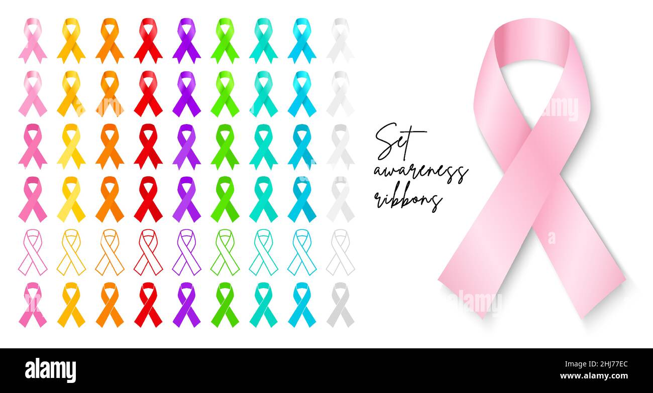 Big set color awareness ribbon different style. Pink ribbon with shadow ...