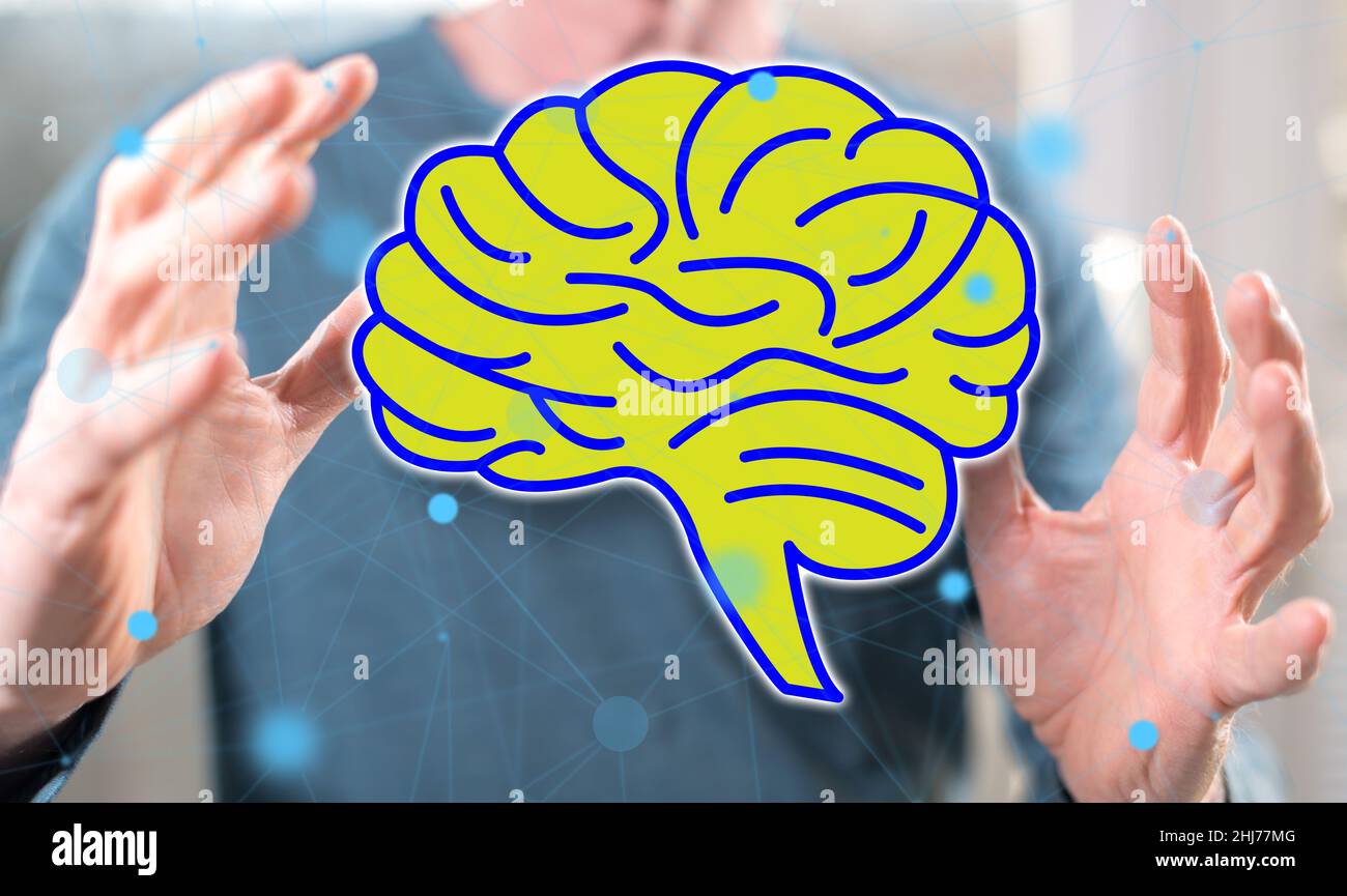 Human mind concept between hands of a man in background Stock Photo - Alamy