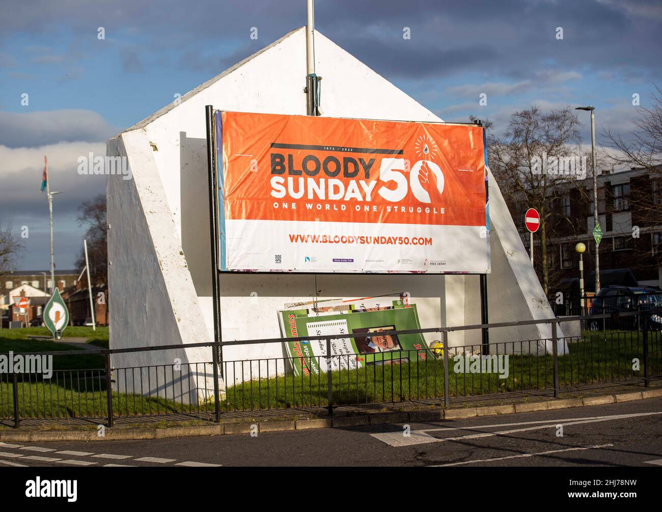 A 50th anniversary Bloody Sunday poster in Derry's Bogside Stock Photo ...