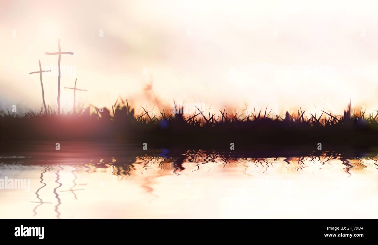 The holy cross of Jesus Christ by the calm waters and waves and space ...