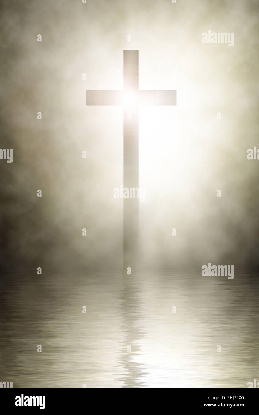 The holy cross of Jesus Christ by the calm waters and waves and space ...