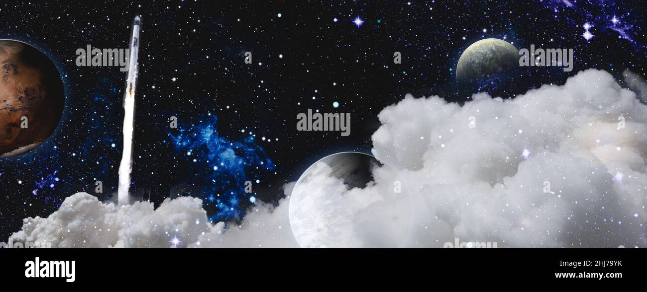 Spaceship in deep space. View on space shuttle and milky way. Elements ...