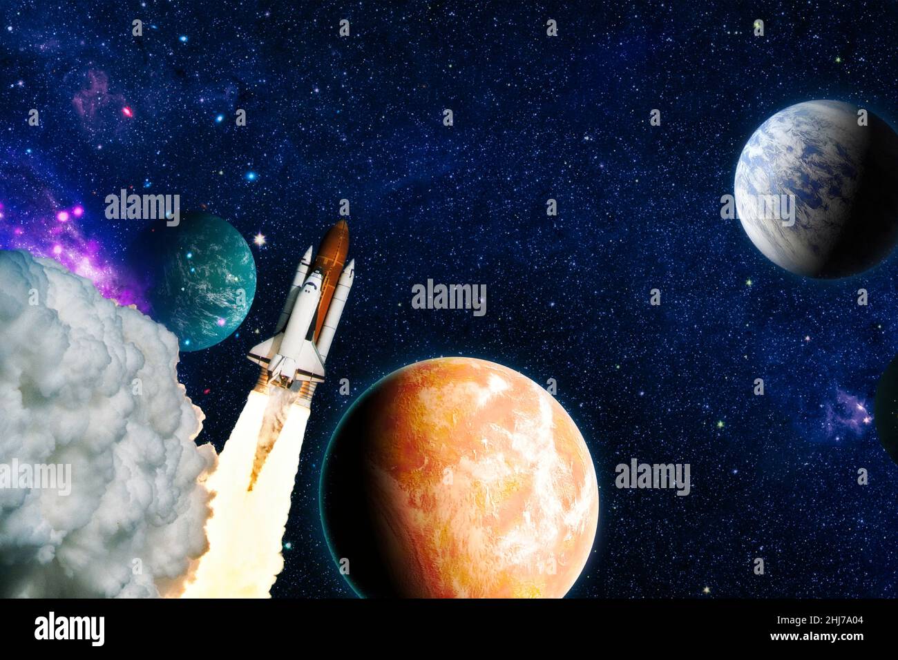 Spaceship in deep space. View on space shuttle and milky way. Elements ...