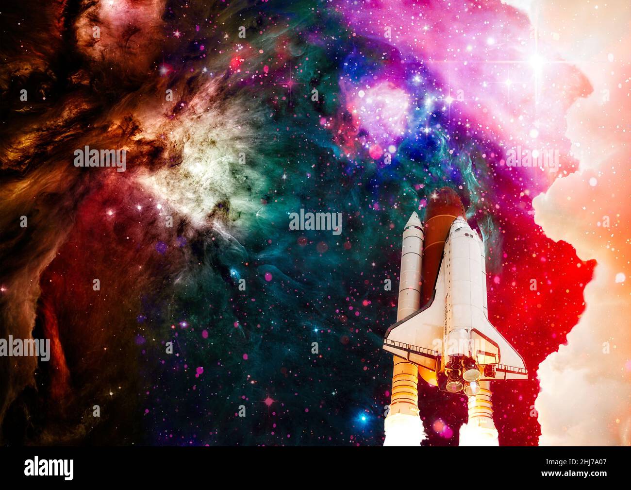 Spaceship in deep space. View on space shuttle and milky way. Elements ...