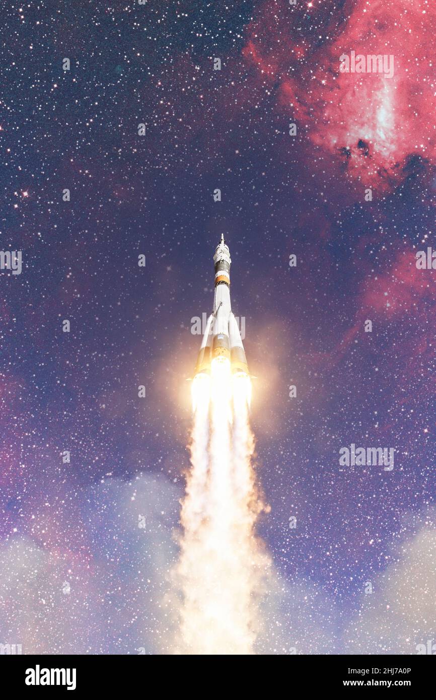 Spaceship takes off into the starry sky. Launch of Space . Elements of ...
