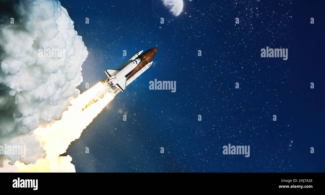 Spaceship takes off into the starry sky. Launch of Space . Elements of ...