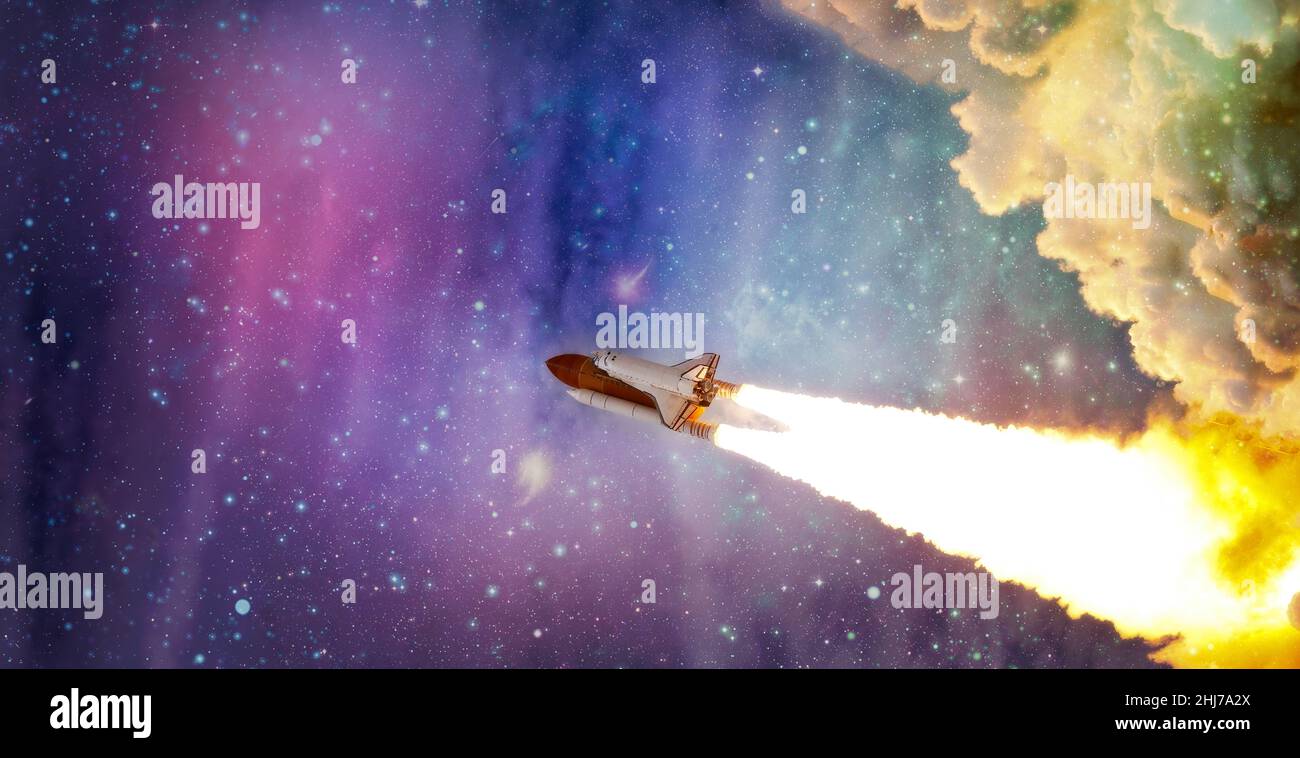 Spaceship takes off into the starry sky. Launch of Space . Elements of ...