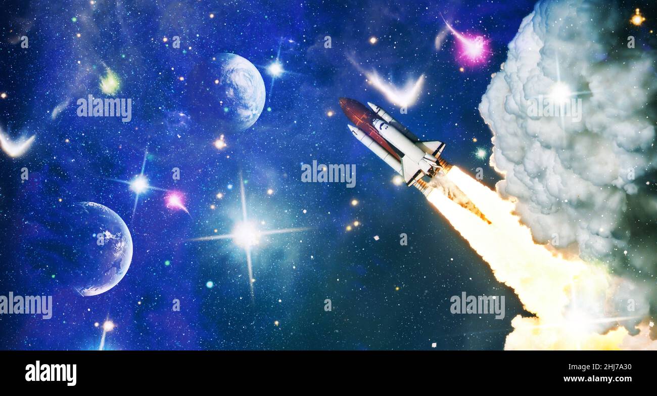 Spaceship takes off into the starry sky. Launch of Space . Elements of ...