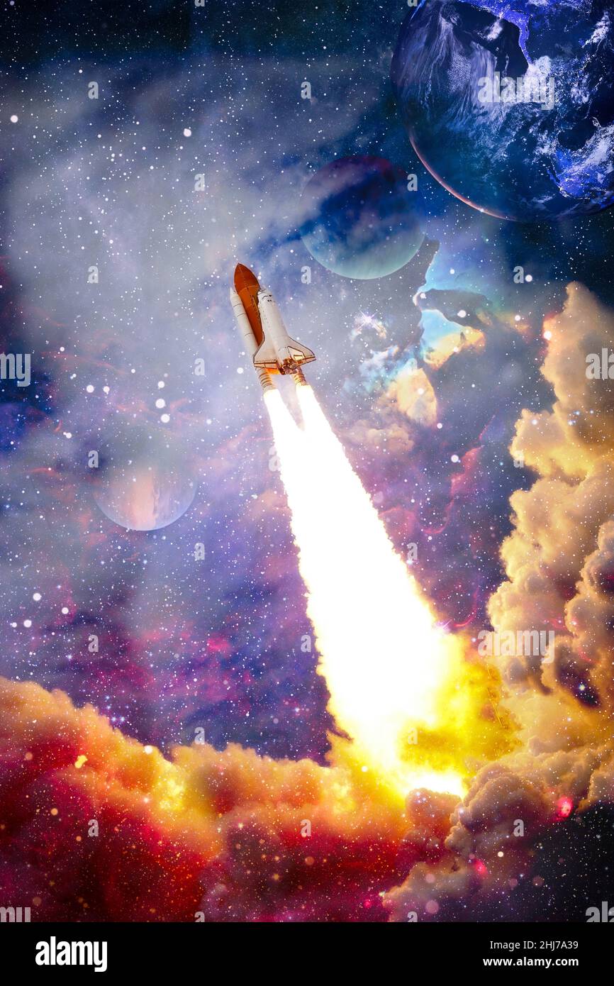 Spaceship takes off into the starry sky. Launch of Space . Elements of ...