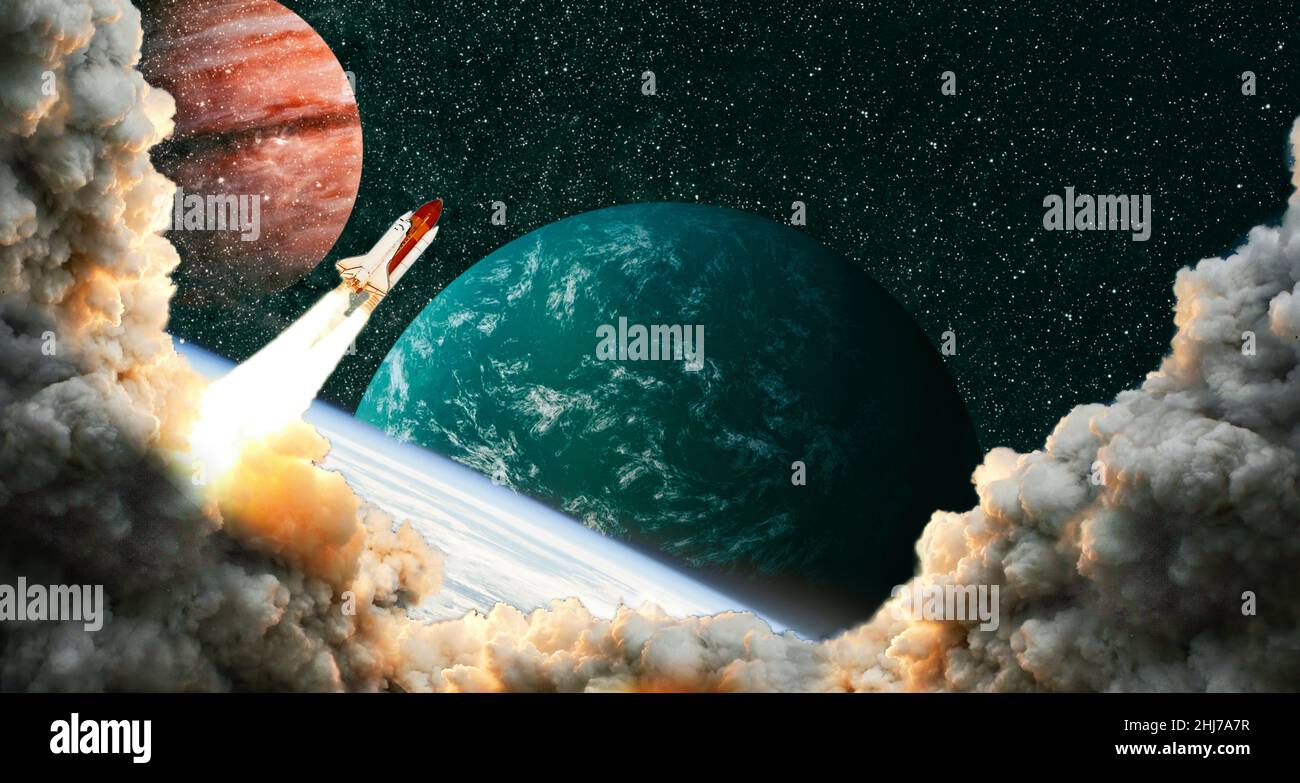 Spaceship flight. Starry sky and blue galactics. View on space shuttle ...