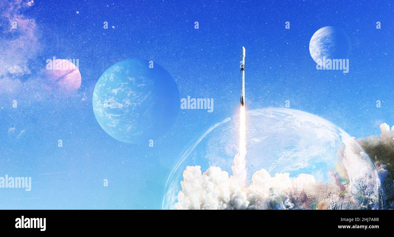 Spaceship flight. Starry sky and blue galactics. View on space shuttle ...