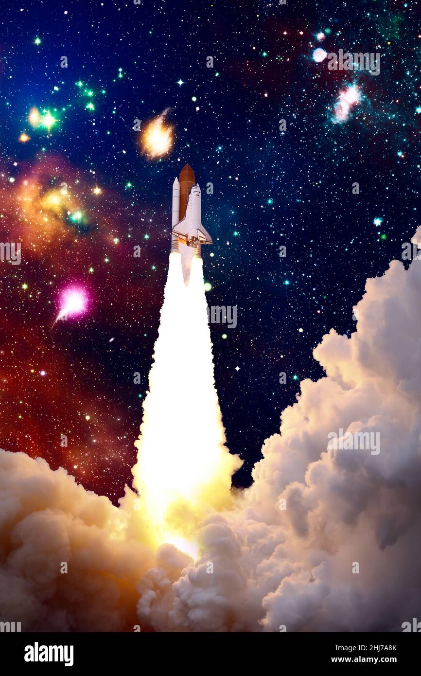 Spaceship takes off into the starry sky. Launch of Space . Elements of ...
