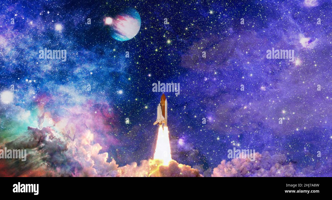 Rockets launch into space on the starry sky. Rocket starts into space ...