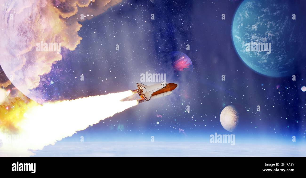 Rockets launch into space on the starry sky. Rocket starts into space ...