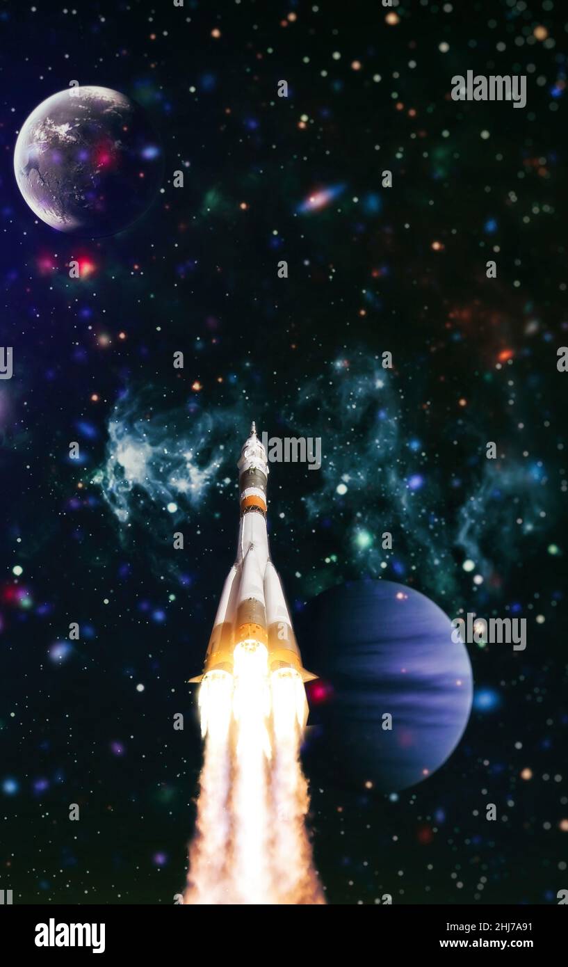 Spaceship takes off into the starry sky. Launch of Space . Elements of ...