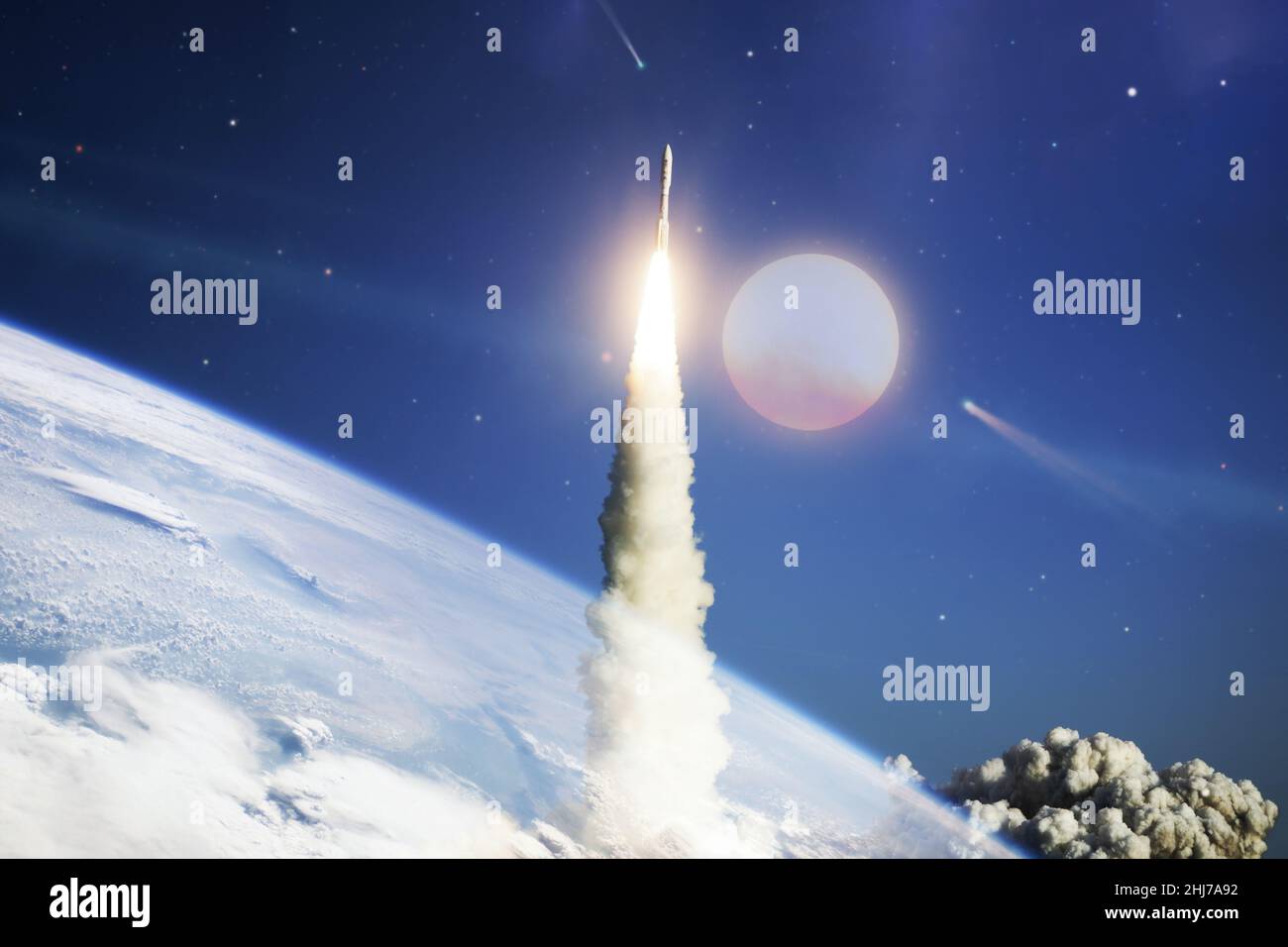 Rockets launch into space on the starry sky. Rocket starts into space ...