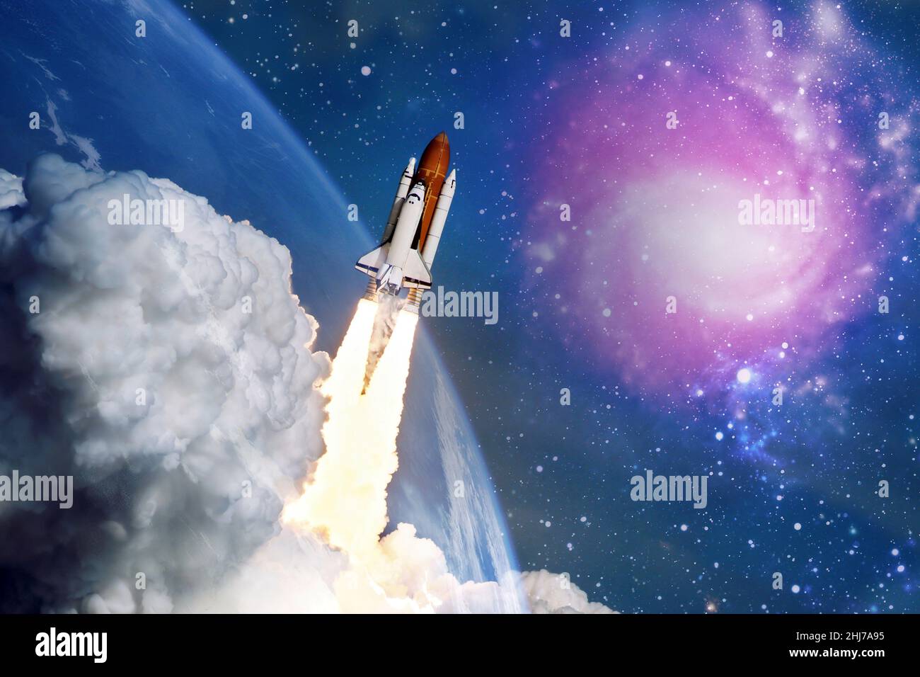 Rockets launch into space on the starry sky. Rocket starts into space ...