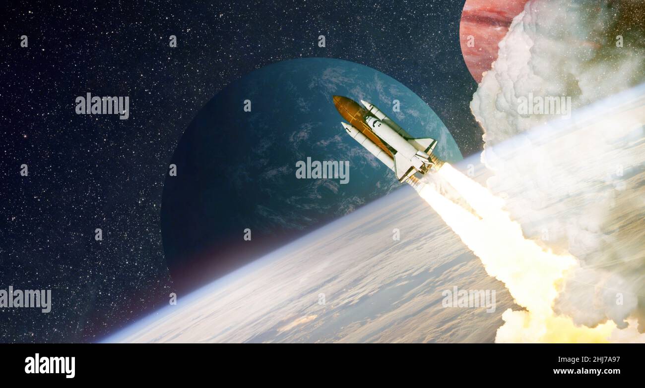 Rockets launch into space on the starry sky. Rocket starts into space ...