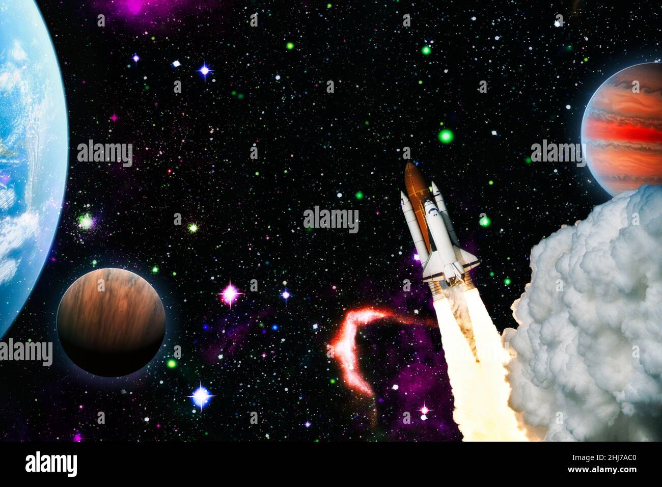 Spaceship in deep space. View on space shuttle and milky way. Elements ...