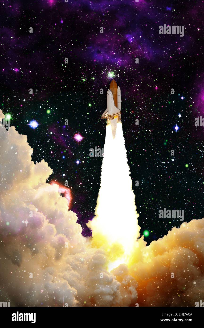 Spaceship in deep space. View on space shuttle and milky way. Elements ...