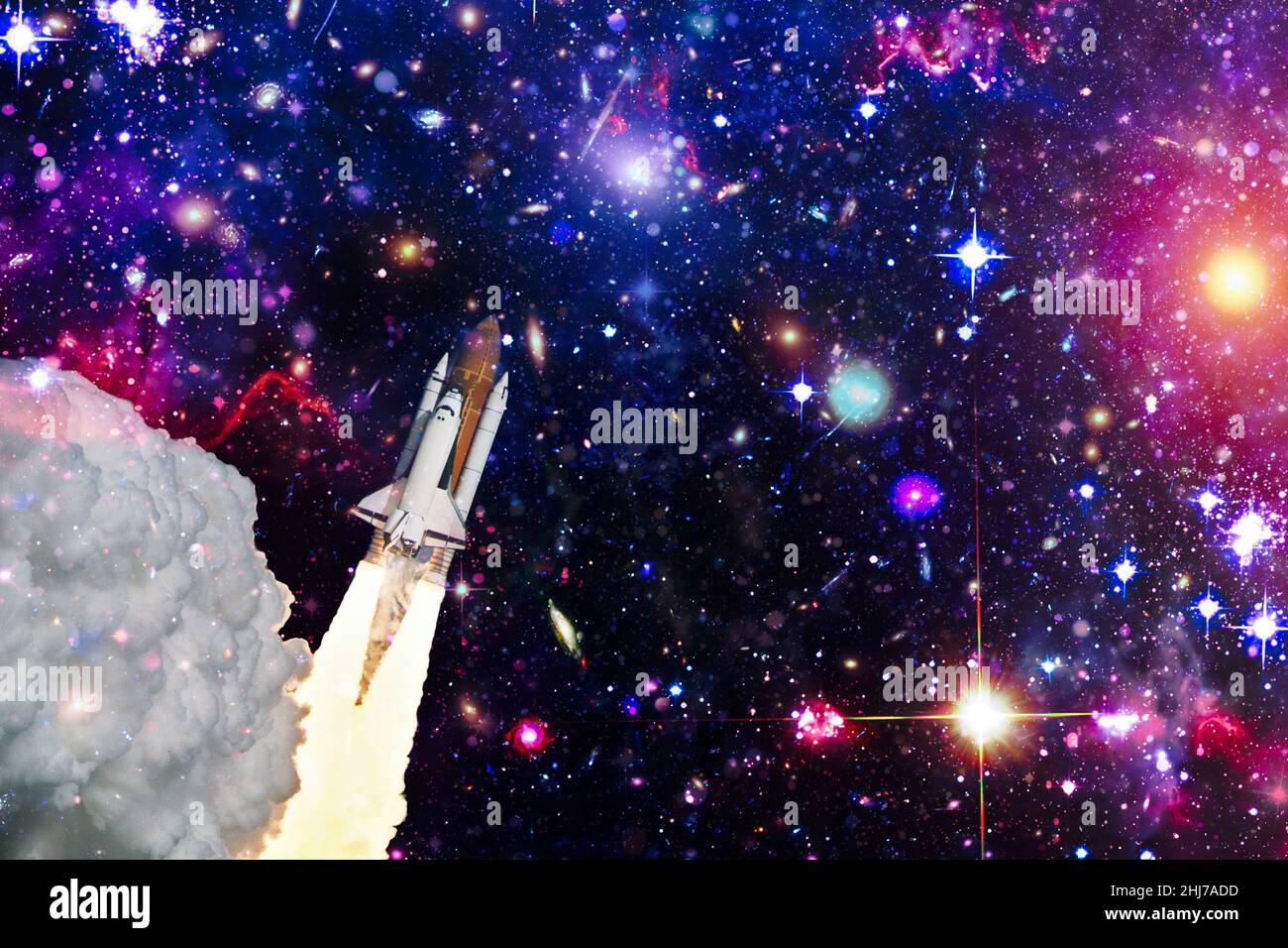Spaceship in deep space. View on space shuttle and milky way. Elements ...