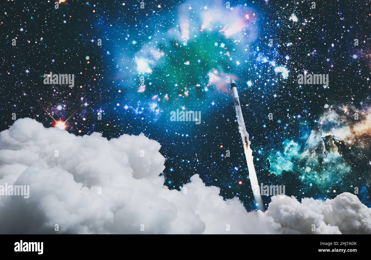 Spaceship in deep space. View on space shuttle and milky way. Elements ...