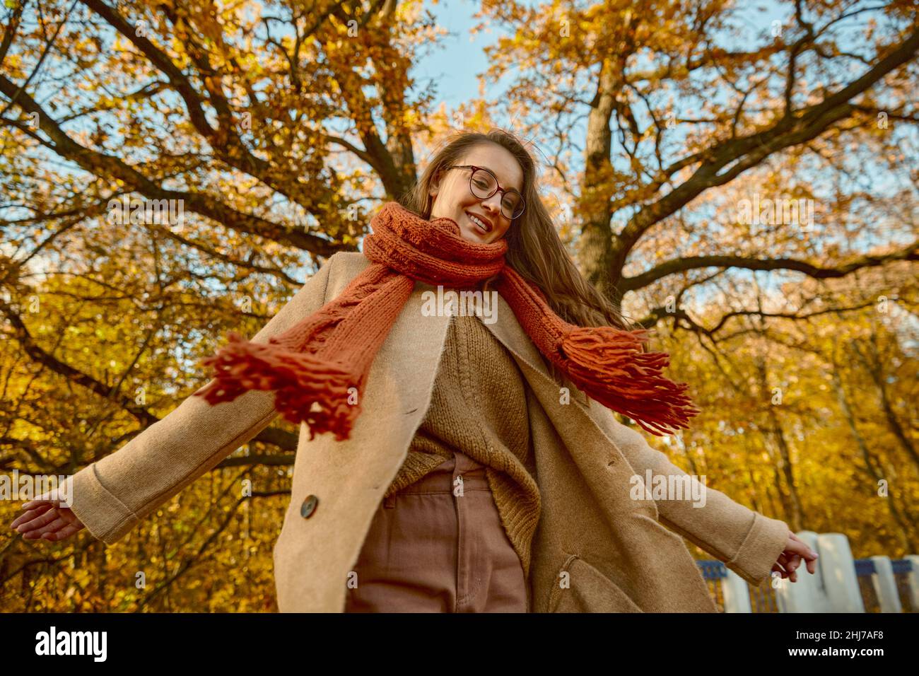 Woman dancing in nature among autumn leaves Stock Photo - Alamy