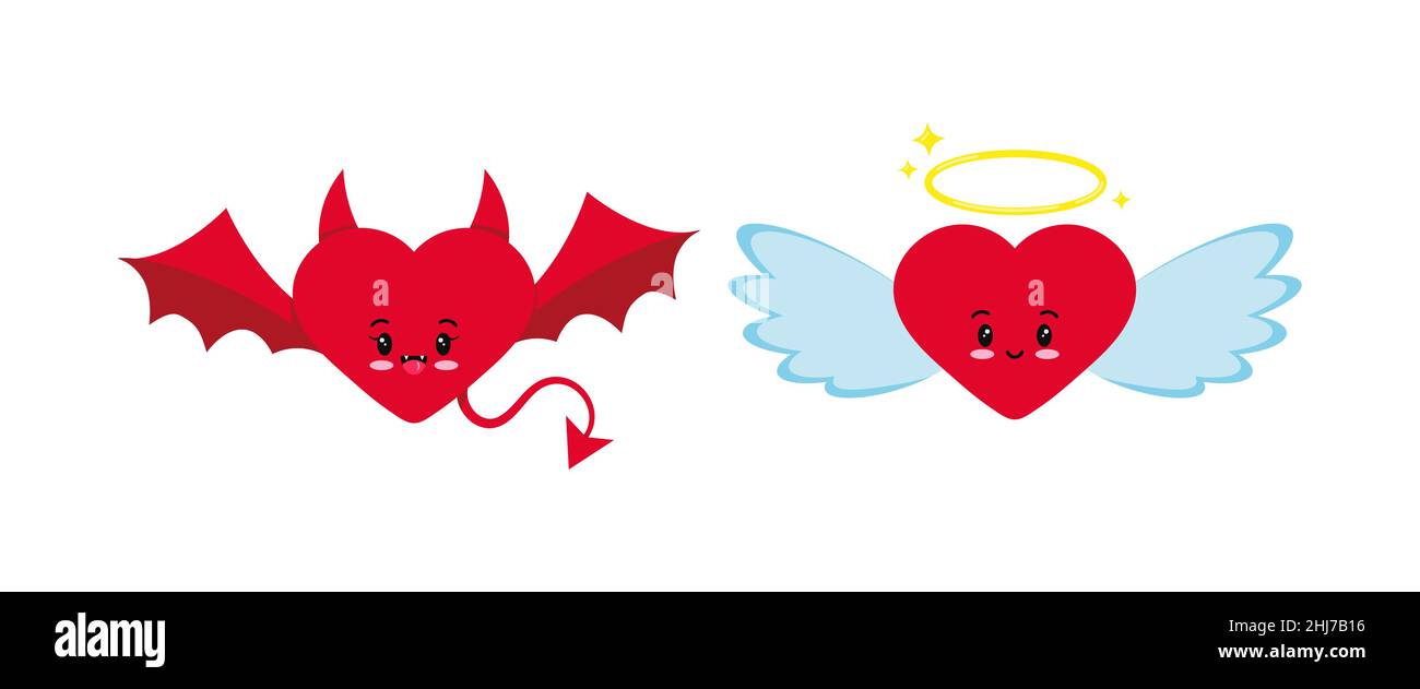 Angel and devil heart cute character icon set isolated on white ...