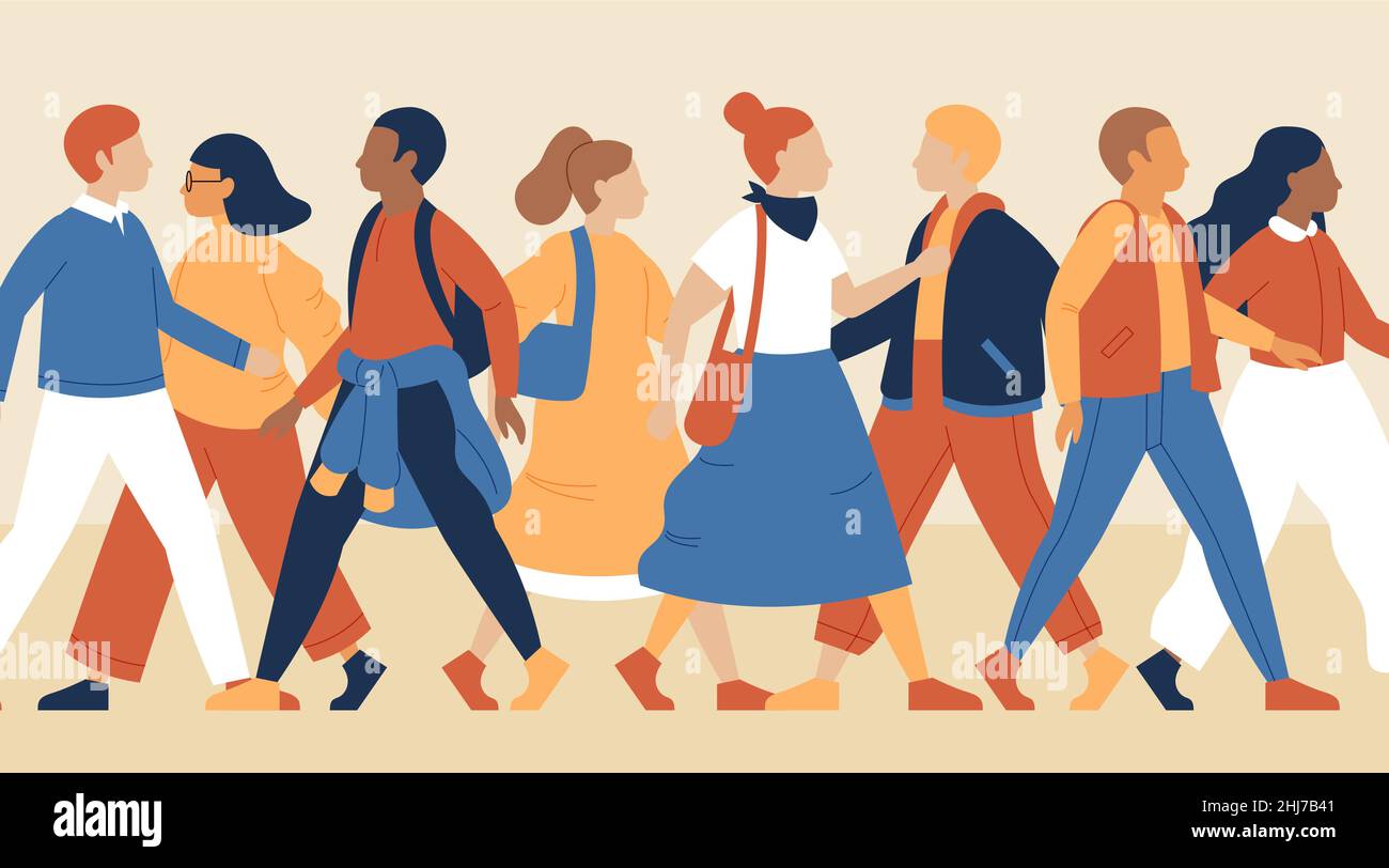 Hand drawn flat design crowd of people walking illustration Vector ...