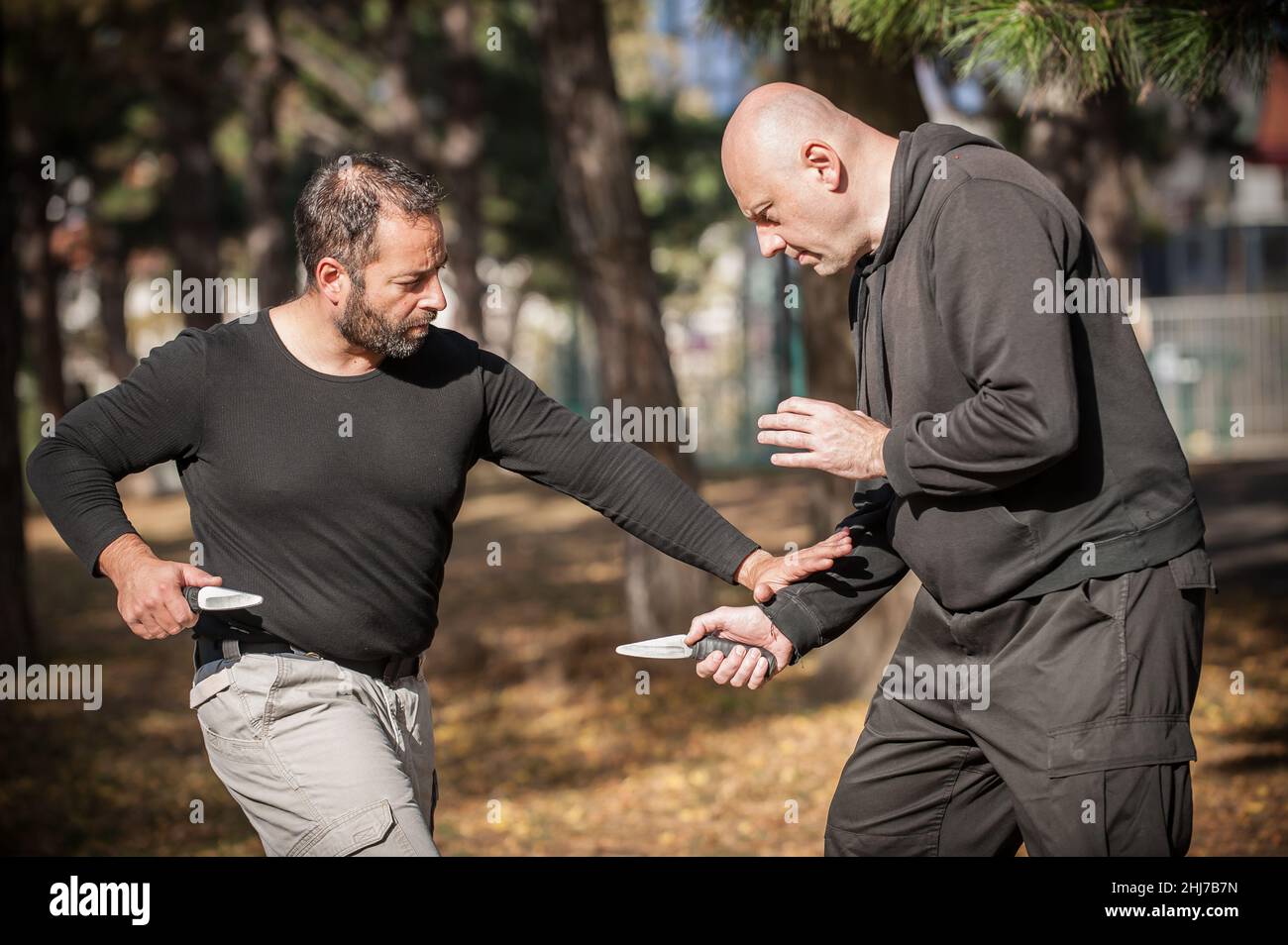 Knife vs knife fight. Kapap instructors demonstrates sombrada drill ...