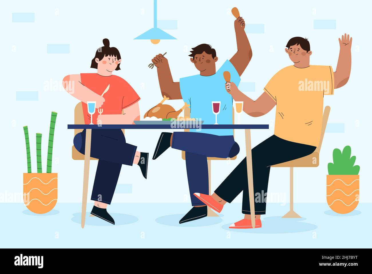 Flat design illustration people eating together Vector illustration ...