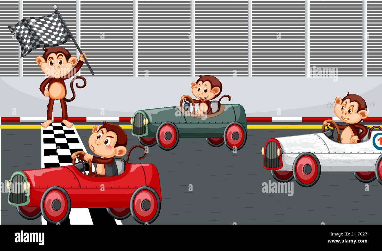 Race track scene with monkey racing drivers illustration Stock Vector ...