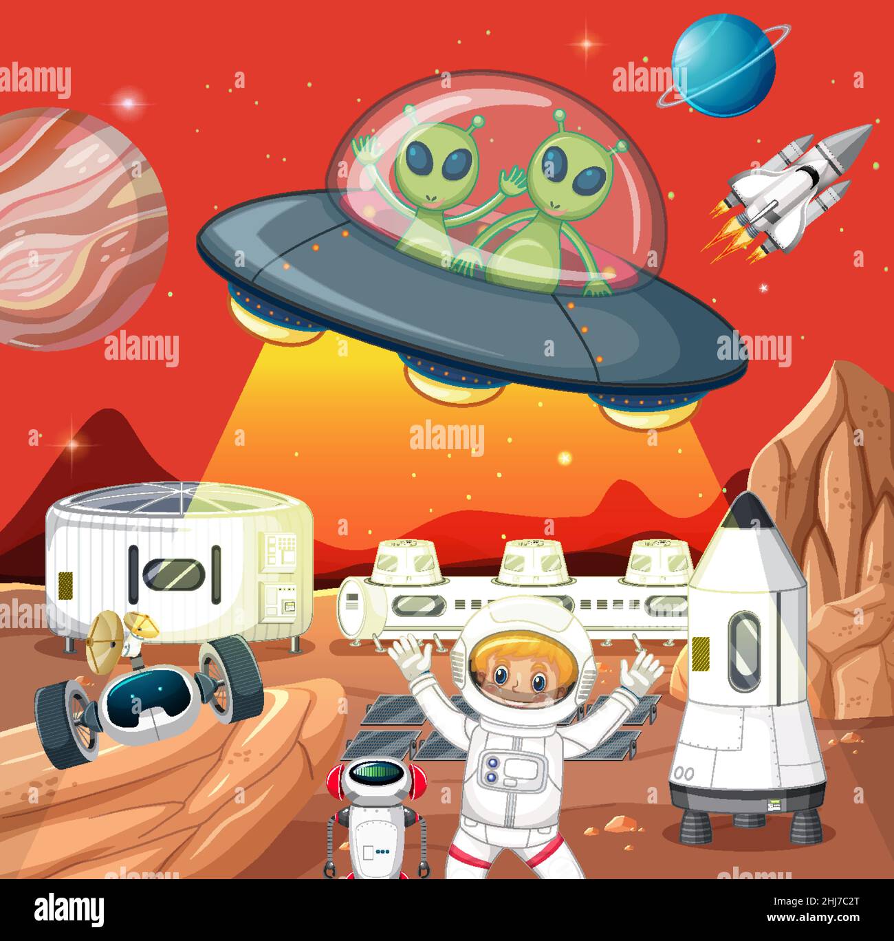 Outer space scene with astonaut and alien in cartoon style illustration ...
